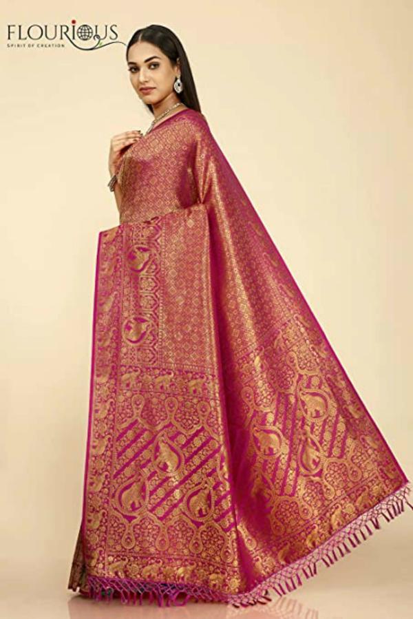 Flourious Pink Kanjivaram silk crafted Zari Woven Saree with Unstitched ...