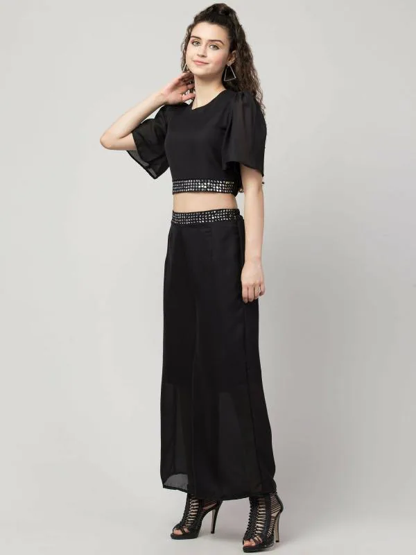 Bitsy Owl Women Black Embellished Pure Cotton Crop Top and Palazzo Set ...