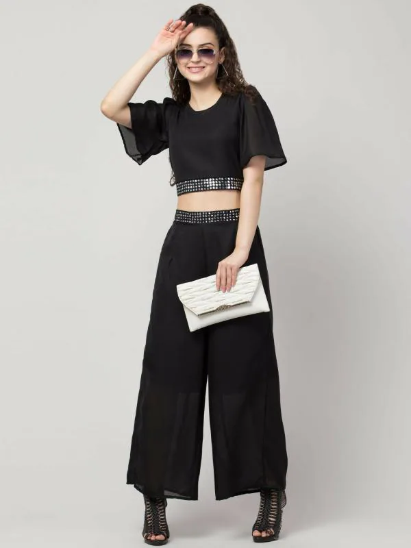 Bitsy Owl Women Black Embellished Pure Cotton Crop Top and Palazzo Set ...