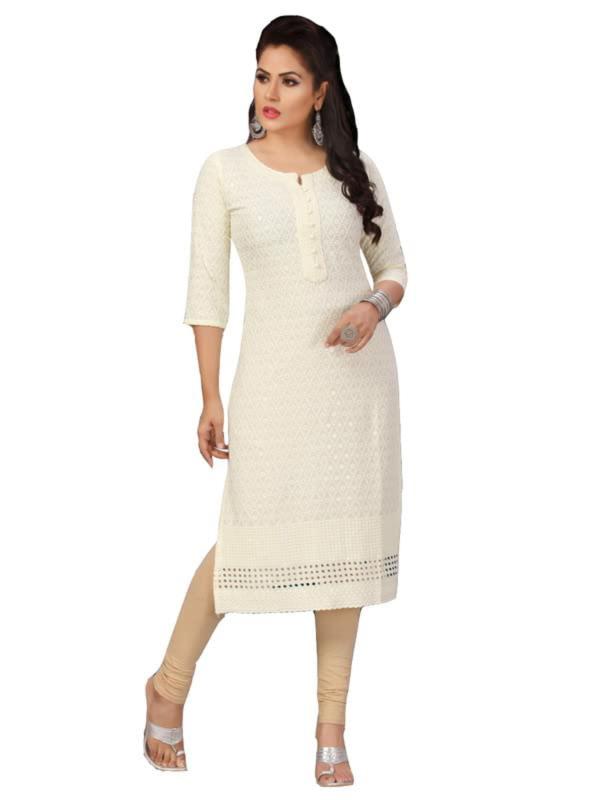 Dolane Women Cream Sequence Rayon Chicken Work Kurti (Xl) - JioMart