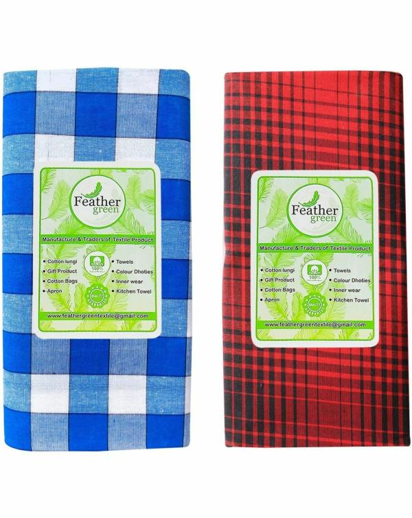 Feather Green Men Blue and Red Checkered Cotton Blend Open Lungi - Free ...