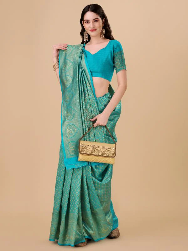 Areca Designer's Elegant Firoji Color Brocade Silk Blend With Zari ...