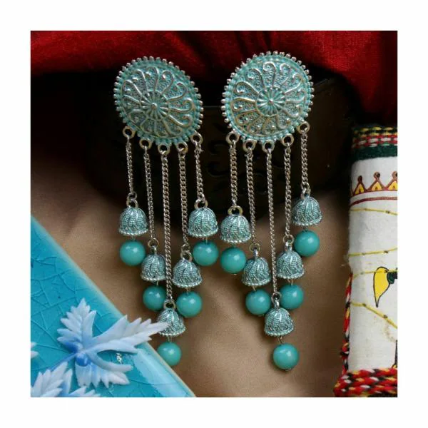 South Indian Ethnic Aqua Blue Color Oxidized Chain Jhumka Earrings for ...