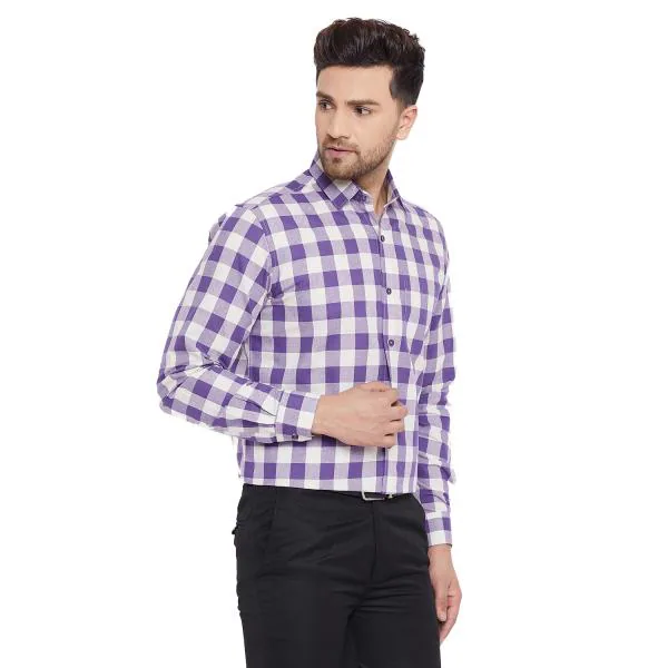 D Kumar Men's Cotton Regular Fit Purple Checkered Full Sleeves Formal ...