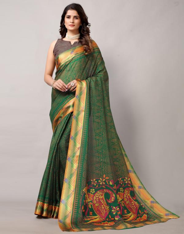 Siril Women Kota Checks Green & Turmeric Yellow Printed & Satin Border ...