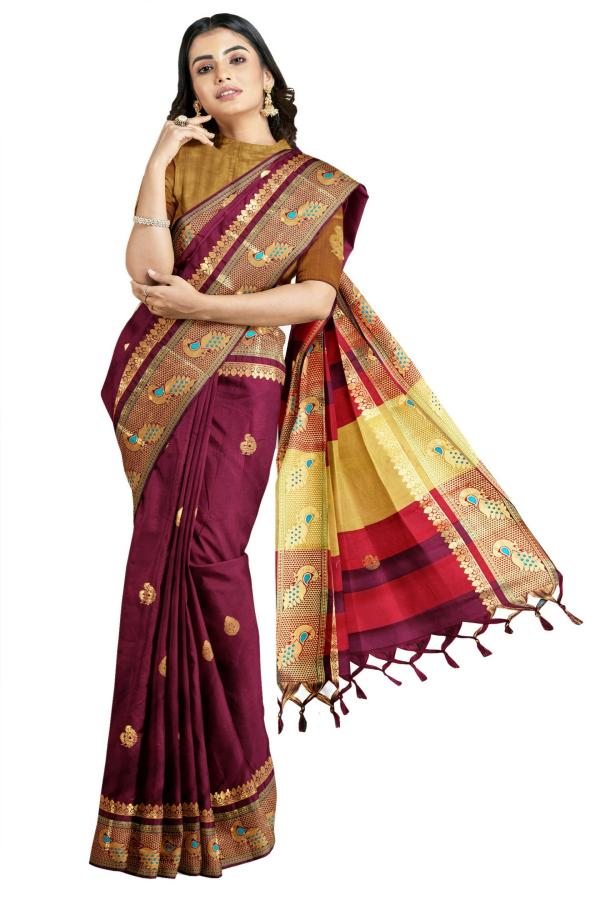 SWIFFIN Premium Collection Cotton Silk Paithani Maroon Saree For Women ...