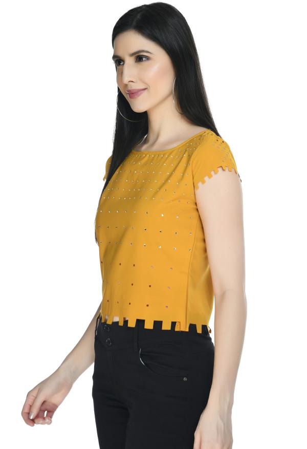 PREEGO Women Yellow Self Design Crop Top - JioMart