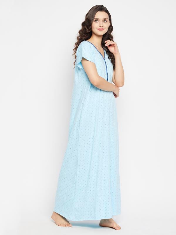 Clovia Women's Blue Polka Print Cotton Long Nighty - JioMart