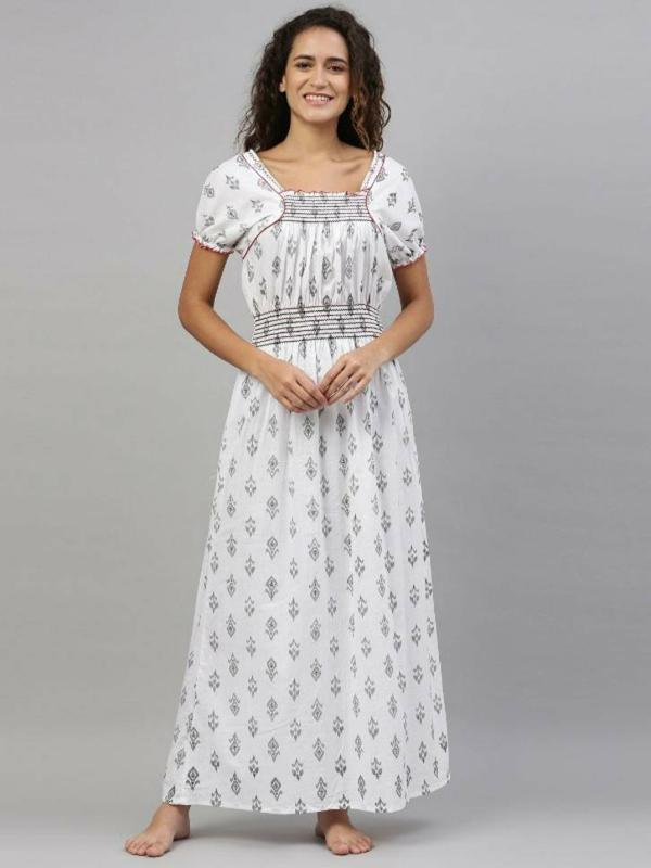 Ultraviolet Women White Floral Cotton Nighty - JioMart