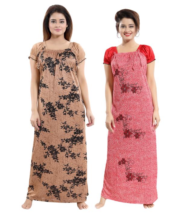 Shopping World Women Multicolor Printed Satin Nighty Combo- Free Size ...