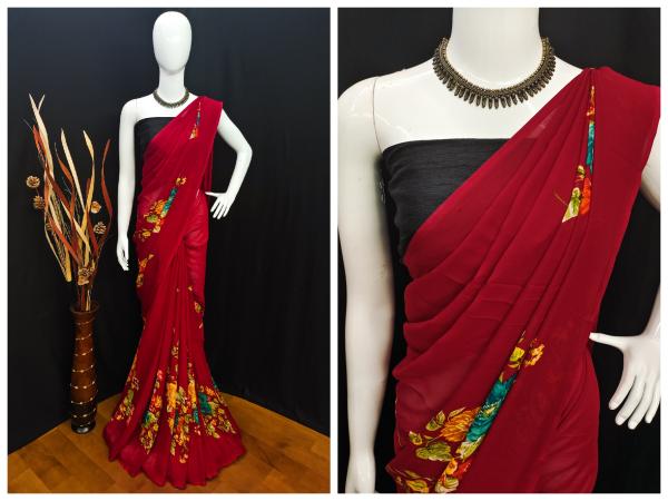 Anand Women Red Geometric Pattern Georgette Single Saree Without Blouse ...