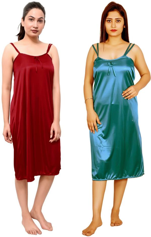 Ankona Women Maroon, Green Solid Satin Pack Of 2 Nighty l Nighty for ...