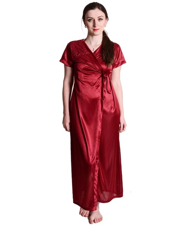 Women's Satin Maroon Nightwear/Nightdress 4pc Set Nighty, Wrap Gown, Bra & Thong SL059 D - JioMart