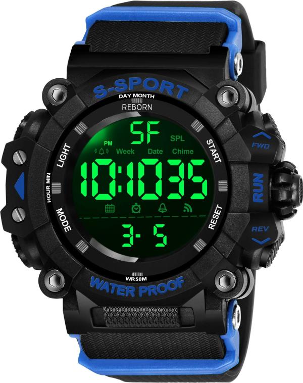 Reborn Digital Watch Blue Dail Black Strap Wrist Digital Watch for Men ...