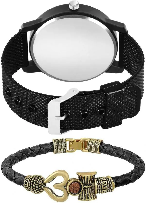 KAJARU Analog Black Dial Black Strap Watch With Mahadev Bracelet Combo ...