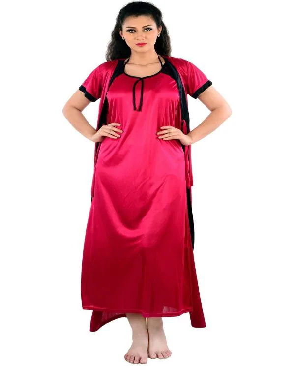 Women's Night Dress and Nighties Red Satin Nightwear 6pc Robe & Nighty ...