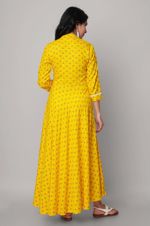 Yellow Colored Rayon Floral Printed Long Flared Dress - JioMart