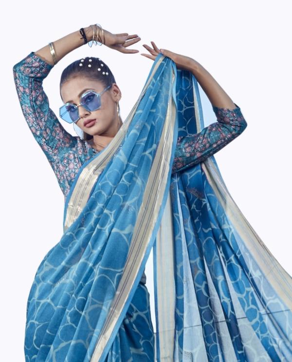 TRIVENI Blue Chiffon Moss film zari border Saree - JioMart
