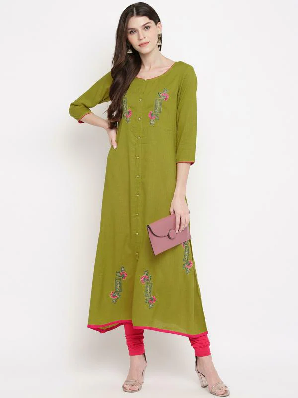 Vbuyz Women'S Mehendi Green Color Cotton Flared Kurta - JioMart