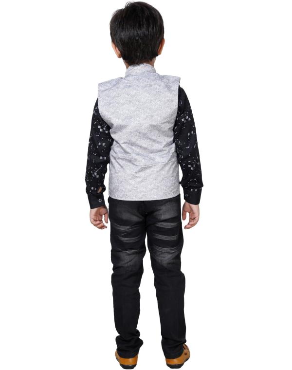 Dkgf Fashion Boys Black Printed Cotton Blend Shirt Jeans, Waistcoat And ...