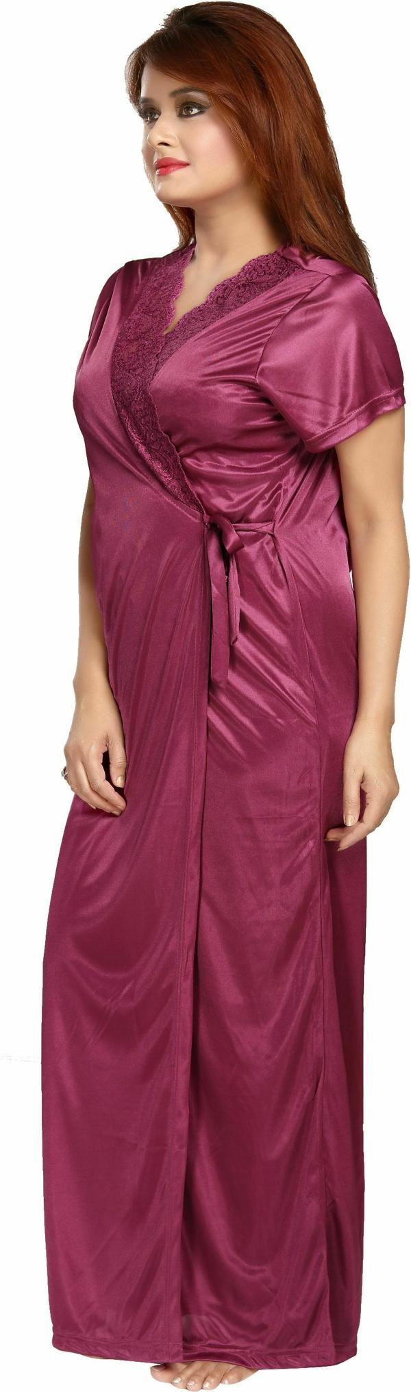 Babesa Women Maroon Solid Satin Nighty with Robe - Free Size - JioMart
