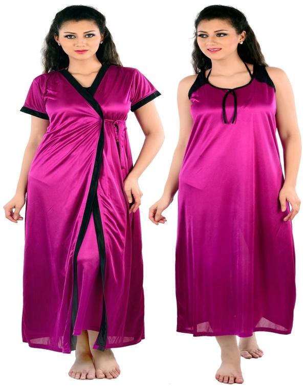 Women's Night Dress and Nighties Pink Satin Nightwear 2pc Robe & Nighty Set - JioMart