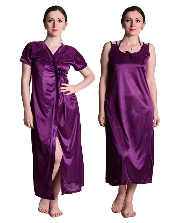 Women's Purple Satin Nightwear 2 Pc Set of Nighty & Wrap Gown Nighty ...