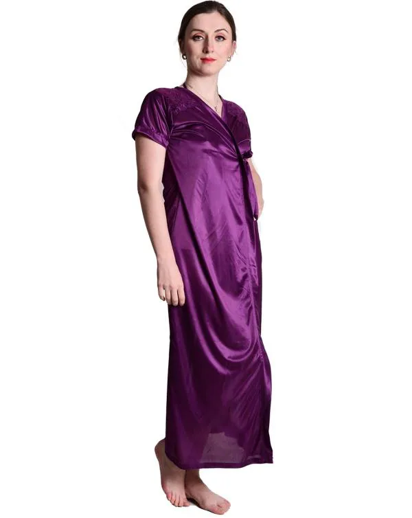 Women's Purple Satin Nightwear 2 Pc Set of Nighty & Wrap Gown Nighty ...