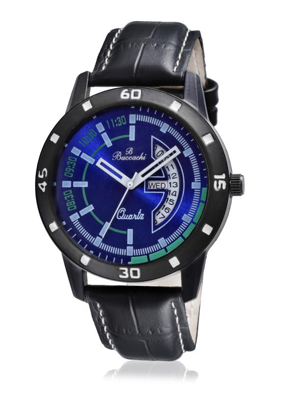 Buccachi Round Blue Dial Day & Date Functioning Black Synthetic Leather ...