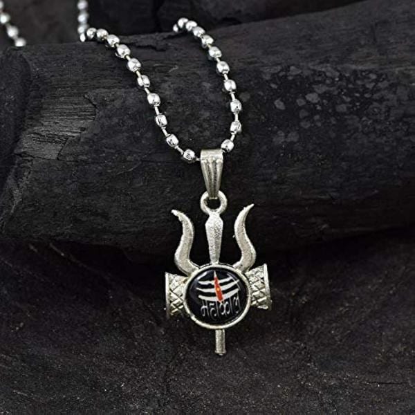 morir Silver Plated Brass Shiv Shakti Trishul Damru Pendant with Chain ...