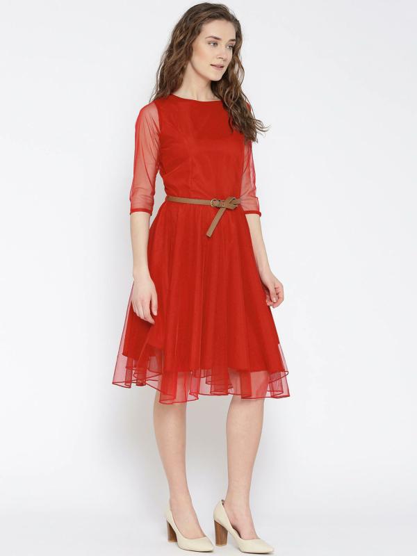 U&F Women Red Solid Net Single Dress - JioMart