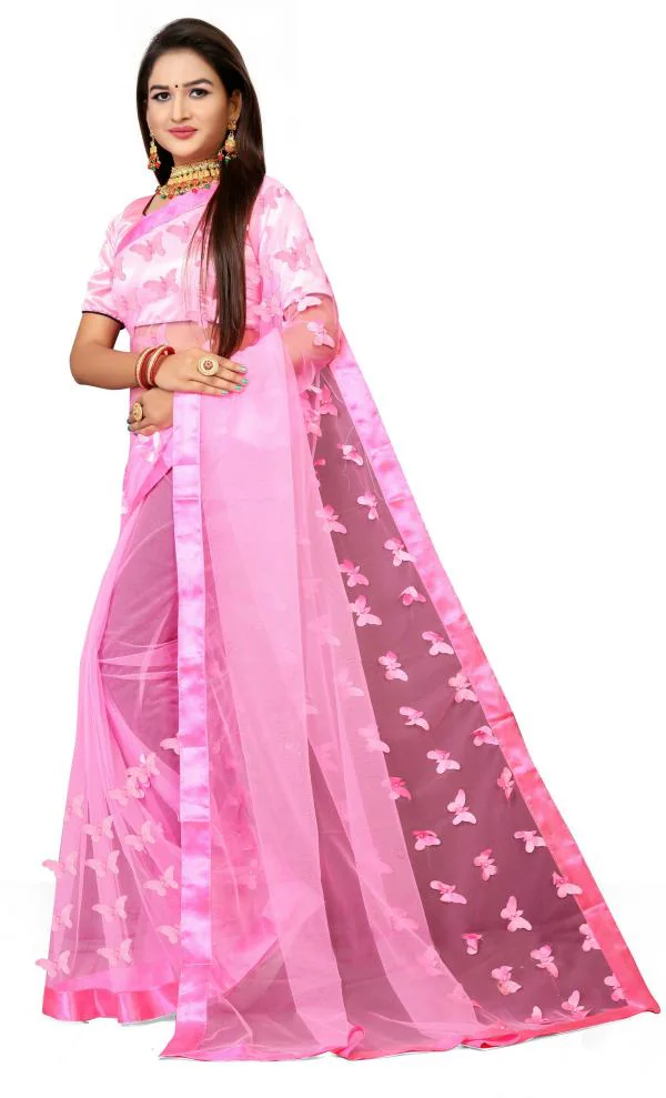 VM TEJANI Women Baby Pink Embroidered Net Daily Wear Saree - JioMart