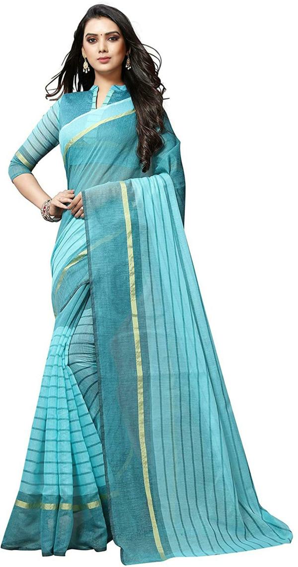 Suntex Women Light Blue Striped Cotton Silk Single Saree - JioMart