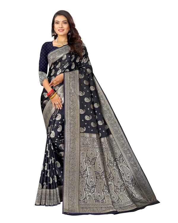 Tigdi Vasstra Women's Fancy Navy Blue Designer Woven Satin/Katan Saree ...