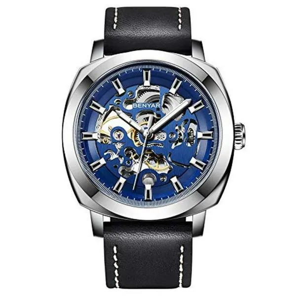 Benyar Automatic Mechanical Skeleton Leather Strap Men's Watch (Blue ...