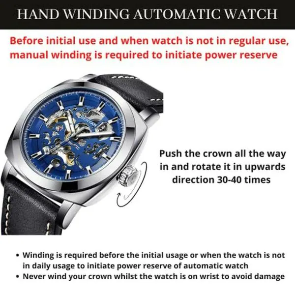 Benyar Automatic Mechanical Skeleton Leather Strap Men's Watch (Blue ...
