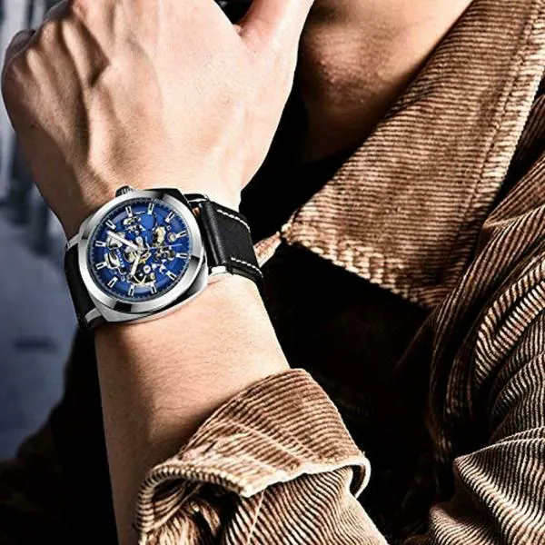 Benyar Automatic Mechanical Skeleton Leather Strap Men's Watch (Blue ...