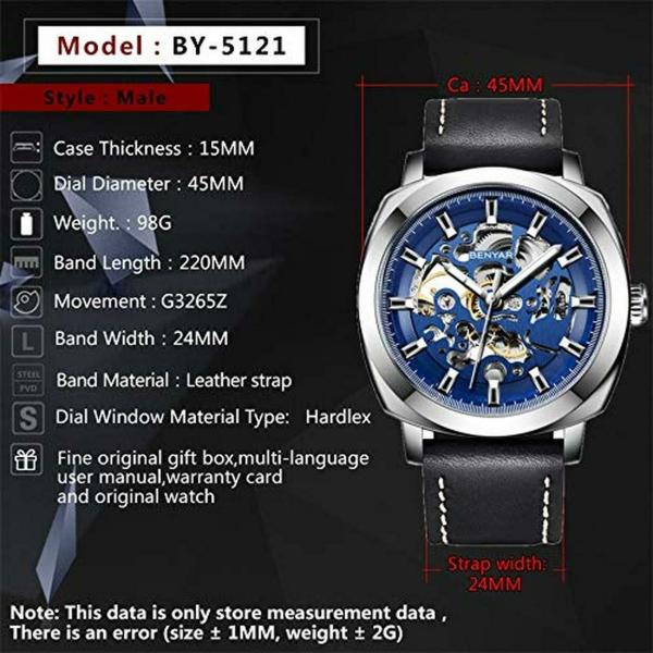 Benyar Automatic Mechanical Skeleton Leather Strap Men's Watch (Blue ...
