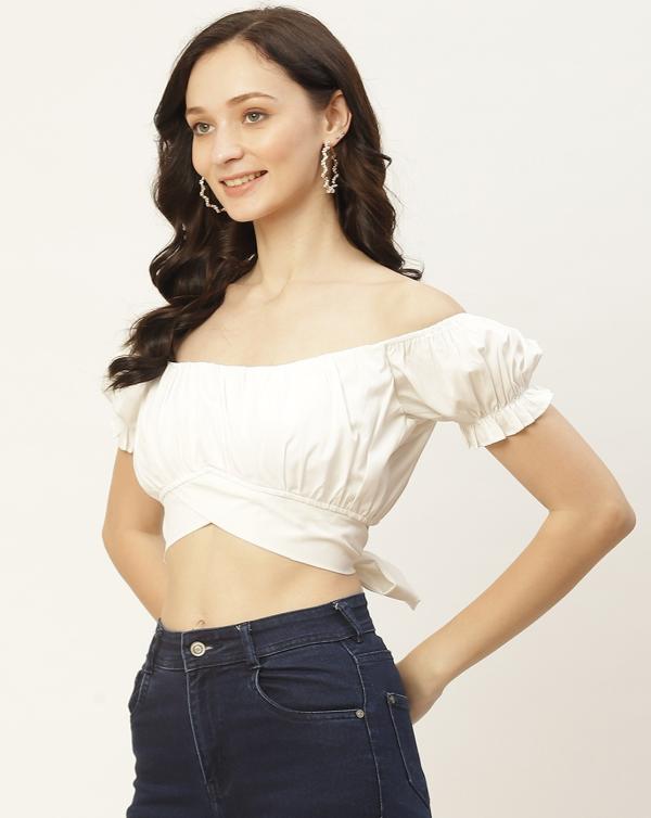 White Solid Crop Top with Knot - JioMart