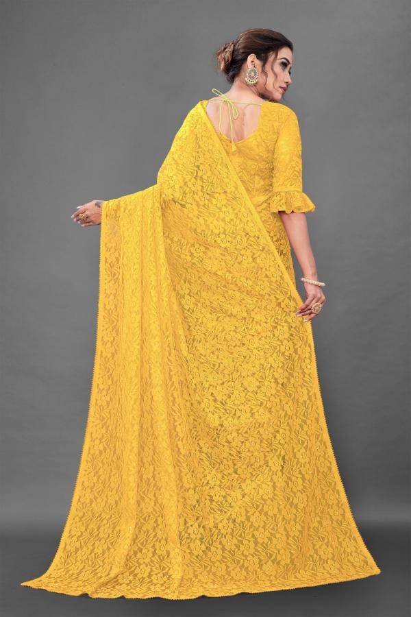 Fashion Field Women Yellow and Gold Self Design Net Saree with ...