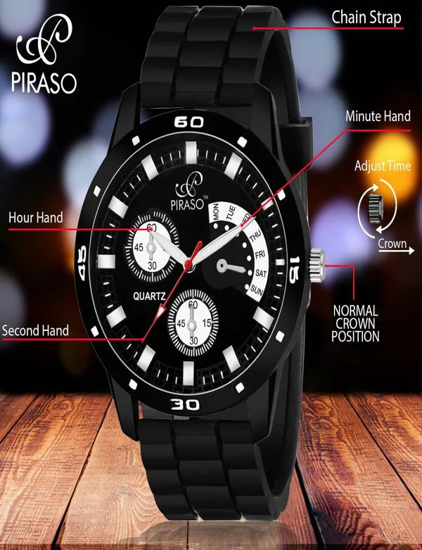 PIRASO Analog Black Dial Black Strap Watch for Men and Boys - JioMart