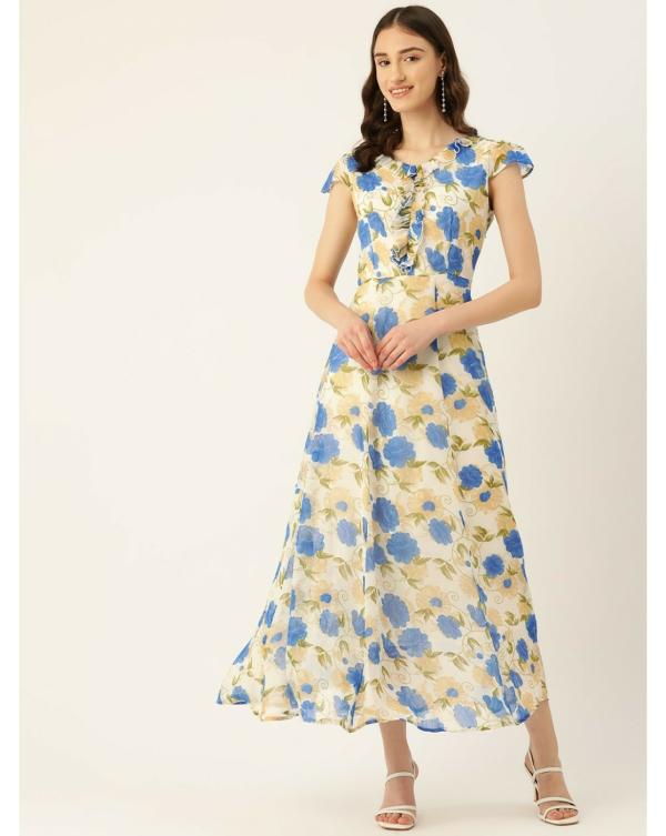 Rue Collection Women White & Blue Floral Printed Dress - JioMart