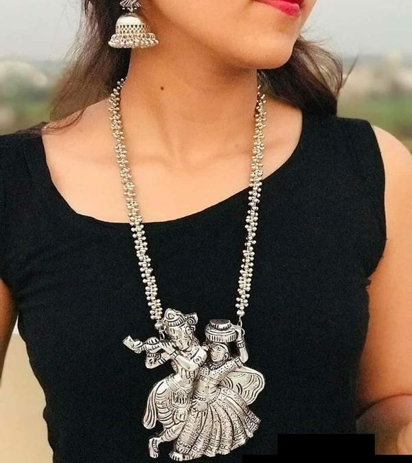 Total Fashion Oxidised Silver Radha Krishna Chain Pendant Necklace for ...