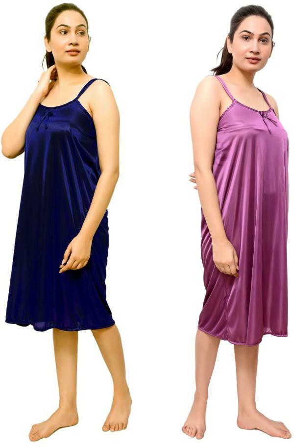Ankona Women Dark Blue, Purple Solid Satin Pack Of 2 Nighty l Nighty ...
