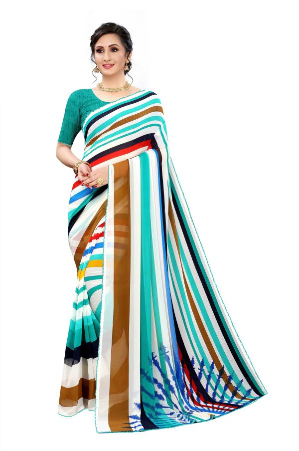 NISHA CREATION Women White Striped Georgette Single Saree - JioMart