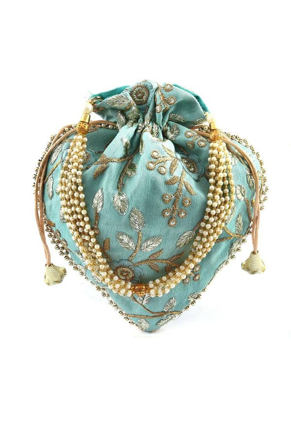 Binori Light Sky Blue Paan Rajasthani Style Royal Clutch Silk Potli ...