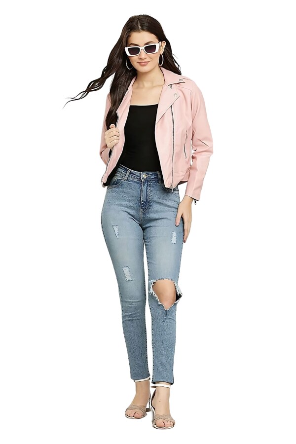 PREEGO Women Pink Solid Lightweight Leather Jacket - JioMart