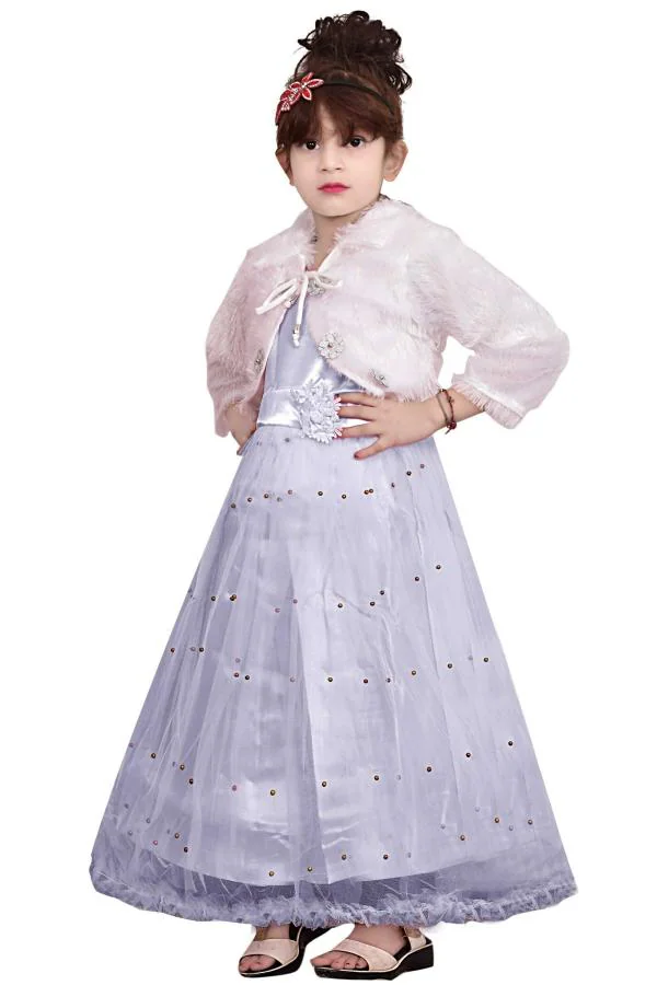 Vivek Girl's Net Gown With White Fur Jacket ( Light Blue ) - JioMart