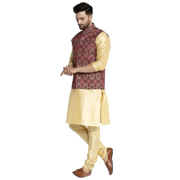 Bontestitch Men's Silk Blend Gold Kurta Pajama with Designer Ethnic ...