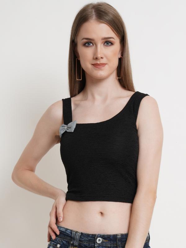 Popwings Casual Black Solid Women Bow Crop Top ! Self Design Black Bow ...